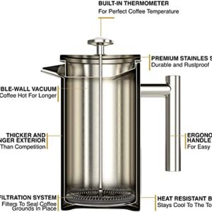 Barista Warrior French Press with Thermometer - Insulated Coffee Press - Stainless Steel French Press Coffee Maker (1.0L | 34 fl oz) (White)