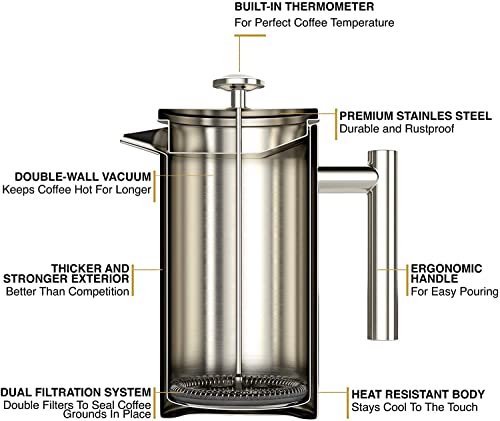 Barista Warrior French Press with Thermometer - Insulated Coffee Press - Stainless Steel French Press Coffee Maker (1.0L | 34 fl oz) (White)