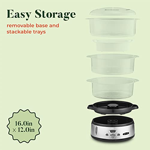 BELLA 9.5 QT Triple Tier Digital Food Steamer, Healthy Fast Simultaneous Cooking, Stackable Baskets for Vegetables or Meats, Rice/Grains Tray, Auto Shutoff & Boil Dry Protection, Stainless Steel