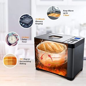 KBS Automatic 19 in 1 Bread Machine, 2LB Bread Maker with Fully Stainless, Dough Maker, 3 Crust Colors & 3 Loaf Sizes, 15H Timer and 1H Keep Warm Setting, Recipes and Oven Mitt…