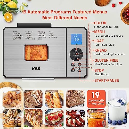 KBS Automatic 19 in 1 Bread Machine, 2LB Bread Maker with Fully Stainless, Dough Maker, 3 Crust Colors & 3 Loaf Sizes, 15H Timer and 1H Keep Warm Setting, Recipes and Oven Mitt…