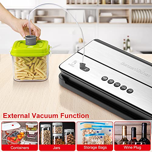 Bonsenkitchen Food Sealer Vacuum Sealer, Built-in Cutter & sealer Bags Rolls and Starter Kit, Dry&Moist Food Modes, Compact Design Air Sealing System Portable Vacuum Sealer, Silver