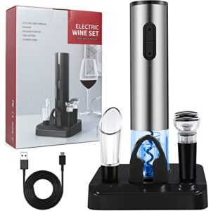 vidysufyr electric wine bottle opener set- silver, automatic wine bottle opener with led light, rechargeable corkscrew kit with aerator，foil cutter，stoppers