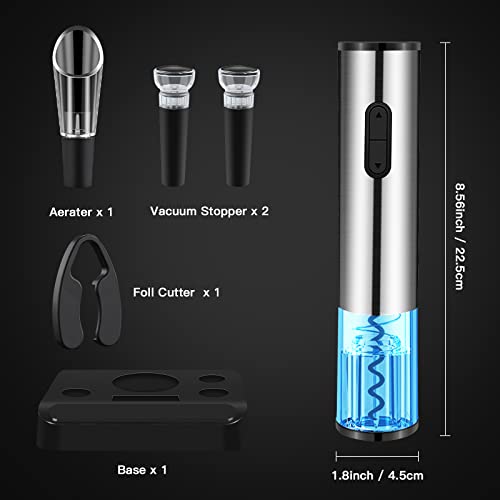 VIDYSUFYR Electric Wine Bottle Opener Set- Silver, Automatic Wine Bottle Opener with Led Light, Rechargeable Corkscrew Kit with Aerator，Foil Cutter，Stoppers