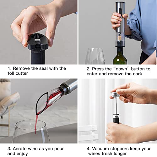 VIDYSUFYR Electric Wine Bottle Opener Set- Silver, Automatic Wine Bottle Opener with Led Light, Rechargeable Corkscrew Kit with Aerator，Foil Cutter，Stoppers