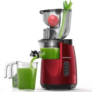 hervigour slow masticating juicer machine, 3.2" wide chute cold press juice extraction for fruits and vegetables, bpa-free and easy to clean, perfect celery juicer - red