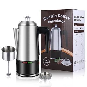 homokus electric coffee percolator 12 cups percolator coffee pot, 800w percolator coffee maker stainless steel with clear knob cool-touch handle, silver coffee pot percolator auto keep warm function