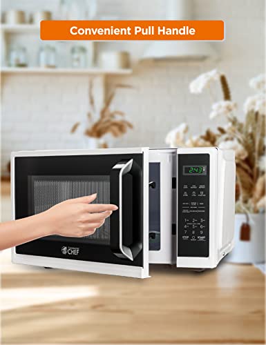 COMMERCIAL CHEF Small Microwave 0.9 Cu. Ft. Countertop Microwave with Digital Display, White Microwave & 10 Power Levels, Outstanding Portable Microwave with Convenient Pull Handle Door