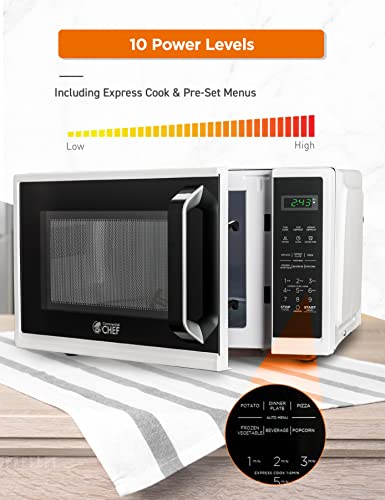 COMMERCIAL CHEF Small Microwave 0.9 Cu. Ft. Countertop Microwave with Digital Display, White Microwave & 10 Power Levels, Outstanding Portable Microwave with Convenient Pull Handle Door