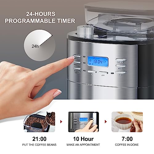 skyehomo 12 Cup Drip Coffee Maker with Built-In Burr Coffee Grinder, Programmable Coffee Machine with Timer, Glass Carafe, Reusable Filter, Warming Plate for Home and Office. 1.5L Water Tank