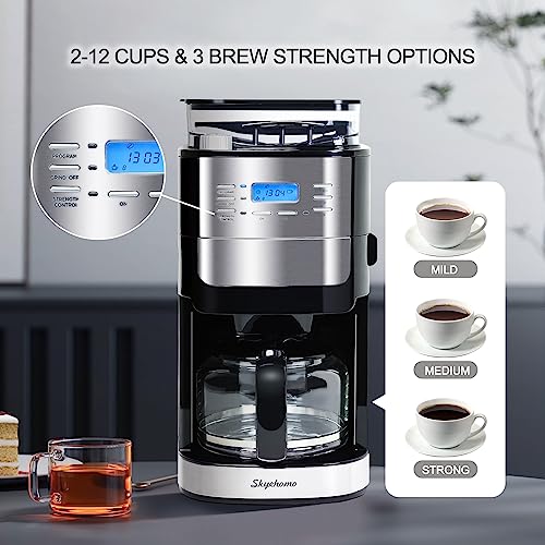 skyehomo 12 Cup Drip Coffee Maker with Built-In Burr Coffee Grinder, Programmable Coffee Machine with Timer, Glass Carafe, Reusable Filter, Warming Plate for Home and Office. 1.5L Water Tank