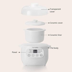 TAYAMA 1 Qt. White Mini Ceramic Stew Cooker with Pre-Settings and Built-In Timer, Small