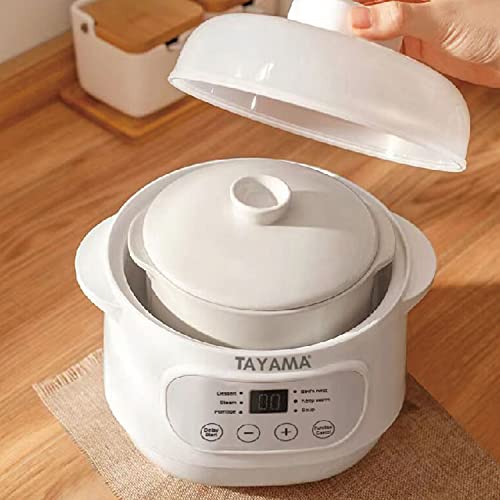 TAYAMA 1 Qt. White Mini Ceramic Stew Cooker with Pre-Settings and Built-In Timer, Small