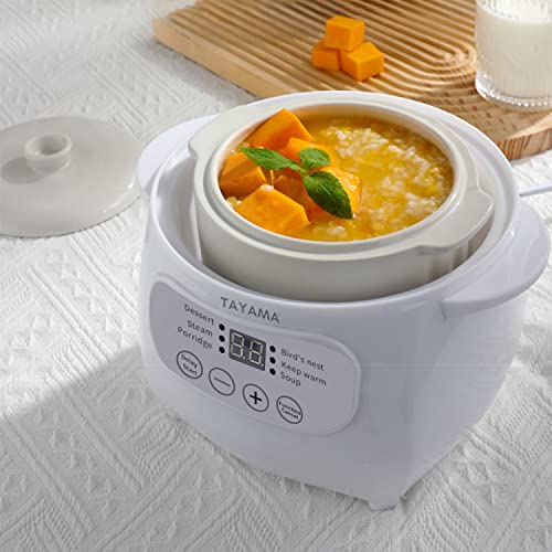 TAYAMA 1 Qt. White Mini Ceramic Stew Cooker with Pre-Settings and Built-In Timer, Small