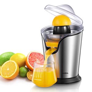 aiheal electric citrus juicer, orange juicer squeezer with two interchangeable cones suitable for all size of citrus fruits, anti-drip spout and ultra quiet motor, bpa free, brushed stainless steel