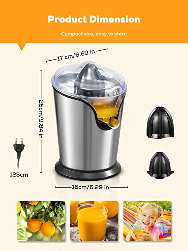 Aiheal Electric Citrus Juicer, Orange Juicer Squeezer with Two Interchangeable Cones Suitable for All Size of Citrus Fruits, Anti-drip Spout and Ultra Quiet Motor, BPA Free, Brushed Stainless Steel