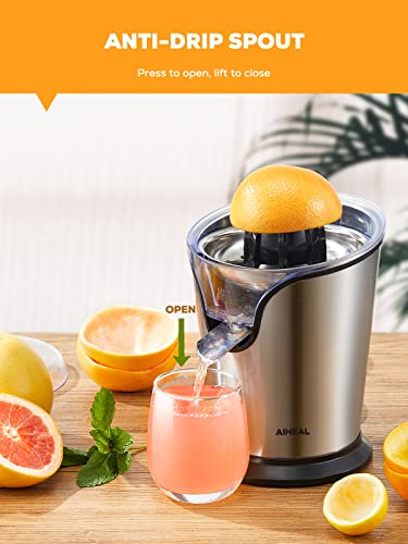 Aiheal Electric Citrus Juicer, Orange Juicer Squeezer with Two Interchangeable Cones Suitable for All Size of Citrus Fruits, Anti-drip Spout and Ultra Quiet Motor, BPA Free, Brushed Stainless Steel