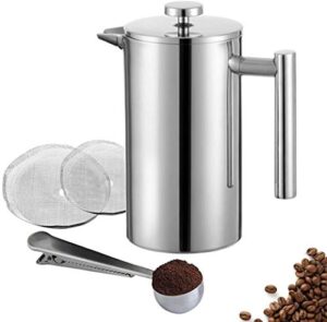 meelio small french press coffee maker, double-wall insulated french press coffee press stainless steel, included 2 extra fliters and 1 coffee spoon (350ml, 12 oz)