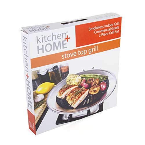 Kitchen + Home Stove Top Smokeless Grill Indoor BBQ, Stainless Steel with Double Coated Non Stick Surface