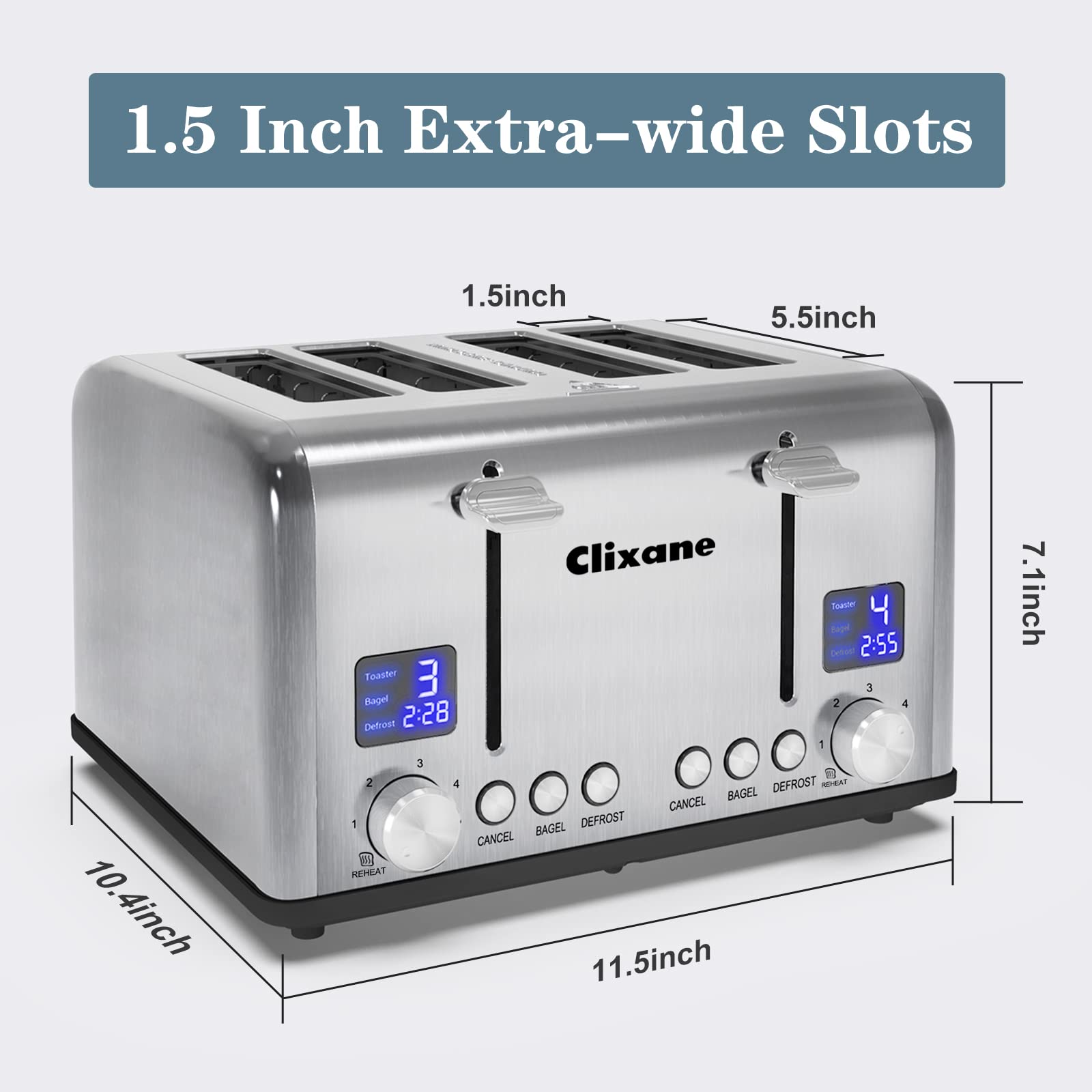 Toaster 4 Slice,1.5"Extra Wide Slot Stainless Toaster with Bagel Defrost Cancel Function, Dual Screen, Removal Crumb Tray (Stainless steel)