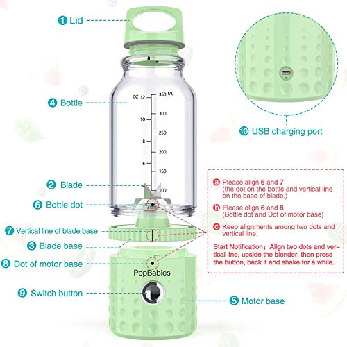 PopBabies Smoothie Blender, Portable Blender and single-serve Personal Blender, Blender to go Updated Version Apple Green