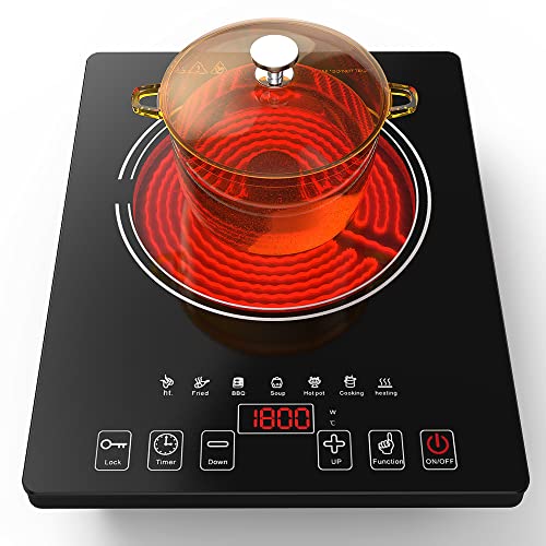 Electric Cooktop, Portable Electric Cooktop 1800W Single Burner Stove with LED Touch Screen, 8 Power & 8 Temperature Levels, Timer, Microcrystalline Panel,120V Energy Saving Hot Plate for Home Camping