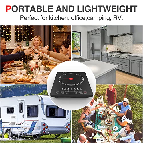 Electric Cooktop, Portable Electric Cooktop 1800W Single Burner Stove with LED Touch Screen, 8 Power & 8 Temperature Levels, Timer, Microcrystalline Panel,120V Energy Saving Hot Plate for Home Camping