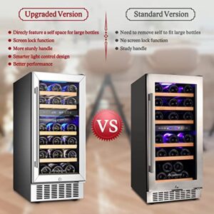 AAOBOSI 【Upgraded】 15 Inch Wine Cooler, 28 Bottle Dual Zone Wine Refrigerator with Stainless Steel Tempered Glass Door,Memory Function, Fit Champagne Bottles, Wine Fridge Freestanding and Built-in