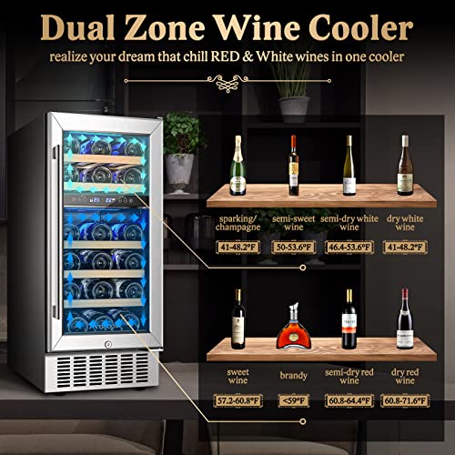 AAOBOSI 【Upgraded】 15 Inch Wine Cooler, 28 Bottle Dual Zone Wine Refrigerator with Stainless Steel Tempered Glass Door,Memory Function, Fit Champagne Bottles, Wine Fridge Freestanding and Built-in