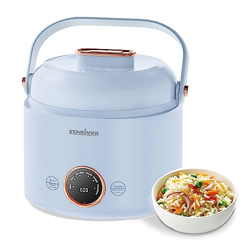 Stariver Small Rice Cooker, 2 Cups Uncooked Mini Portable Rice Cooker with Handle, Non-Stick Ramen Cooker, PFOA-Free, Rice Maker with Keep Warm & Delay Start Function, Electric Pot, Blue