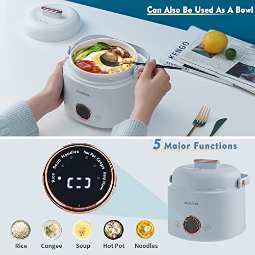 Stariver Small Rice Cooker, 2 Cups Uncooked Mini Portable Rice Cooker with Handle, Non-Stick Ramen Cooker, PFOA-Free, Rice Maker with Keep Warm & Delay Start Function, Electric Pot, Blue