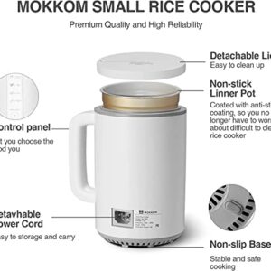 MOKKOM Mini Rice Cooker 2 Cups uncooked, Healthy Ceramic Coating Portable Rice Cooker, 0.8L Travel Rice Cooker Small for 1-2People, Personal Rice maker, Keep Warm Function, Multi-cooker for White Rice, Grains, Oats