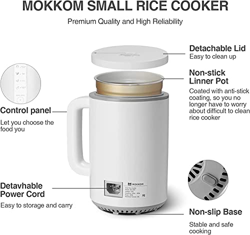 MOKKOM Mini Rice Cooker 2 Cups uncooked, Healthy Ceramic Coating Portable Rice Cooker, 0.8L Travel Rice Cooker Small for 1-2People, Personal Rice maker, Keep Warm Function, Multi-cooker for White Rice, Grains, Oats