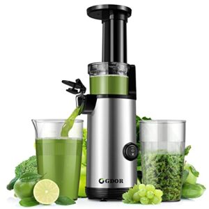 compact gdor masticating juicer with powerful 60nm dc motor, low noise, space-saving cold press juice exrtractor machines, easy to clean slow juicer, brush included, 20 oz juice cup, bpa-free, sliver