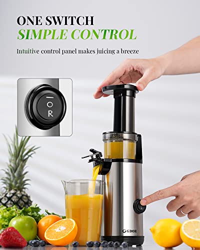 Compact GDOR Masticating Juicer with Powerful 60NM DC Motor, Low Noise, Space-Saving Cold Press Juice Exrtractor Machines, Easy to Clean Slow Juicer, Brush Included, 20 Oz Juice Cup, BPA-Free, Sliver