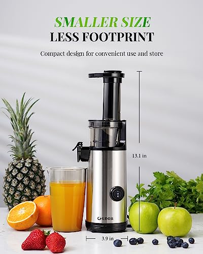 Compact GDOR Masticating Juicer with Powerful 60NM DC Motor, Low Noise, Space-Saving Cold Press Juice Exrtractor Machines, Easy to Clean Slow Juicer, Brush Included, 20 Oz Juice Cup, BPA-Free, Sliver