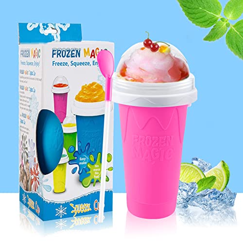 QwayHome 2PC Slushie Maker Cup,DIY Frozen Magic Slushy Cup,Double Layers Silica Smoothie Pinch Ice Cup,Quick Cooling Cup Homemade Milk Shake Ice Cream Maker (Yellow+Pink)