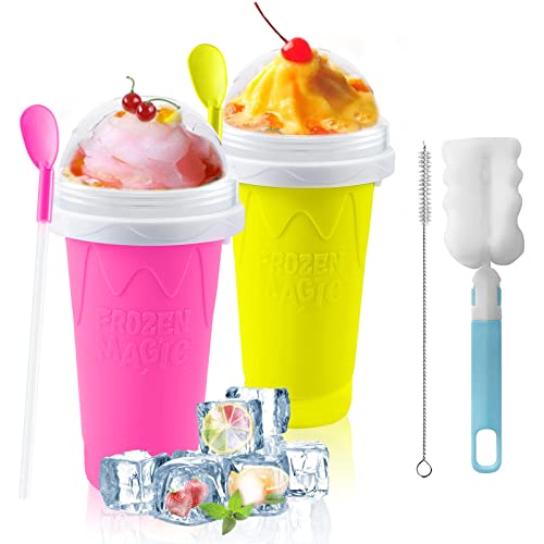 QwayHome 2PC Slushie Maker Cup,DIY Frozen Magic Slushy Cup,Double Layers Silica Smoothie Pinch Ice Cup,Quick Cooling Cup Homemade Milk Shake Ice Cream Maker (Yellow+Pink)