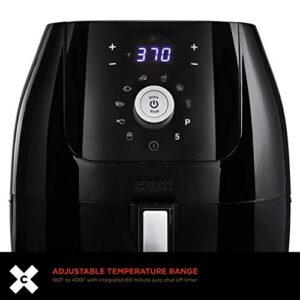 CRUX 6 Qt Digital Air Fryer with Nonstick Removable Dishwasher Safe Pan and Crisping Tray, Auto Shutoff Timer and Audible Alarm, Adjustable Temperature Control, Black