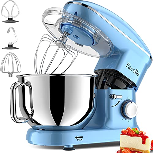 Facelle Electric Stand Mixer, 660W 6 Speed Kitchen Mixer with Pulse Button, Attachments include 6.5 Quart Bowl, Dishwasher Safe Flat Beater, Dough Hook, Wire Whisk & Splash Guard, for Dough, Baking,Cakes,Cookie, Blue