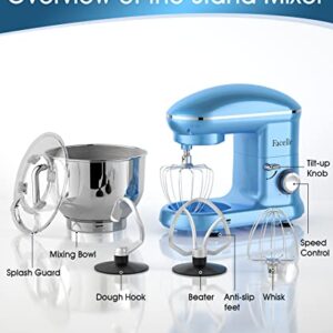 Facelle Electric Stand Mixer, 660W 6 Speed Kitchen Mixer with Pulse Button, Attachments include 6.5 Quart Bowl, Dishwasher Safe Flat Beater, Dough Hook, Wire Whisk & Splash Guard, for Dough, Baking,Cakes,Cookie, Blue