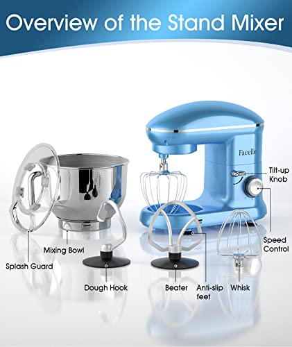 Facelle Electric Stand Mixer, 660W 6 Speed Kitchen Mixer with Pulse Button, Attachments include 6.5 Quart Bowl, Dishwasher Safe Flat Beater, Dough Hook, Wire Whisk & Splash Guard, for Dough, Baking,Cakes,Cookie, Blue