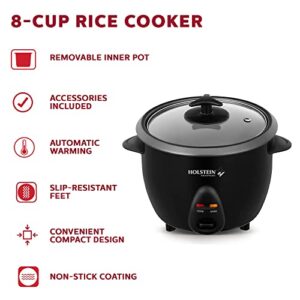 Holstein Housewares 8-Cup Rice Cooker, Black - Convenient and User Friendly with Warm and Cook Function, Ideal for Rice, Quinoa, Oatmeal, Stews and Grains