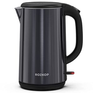 rozkop electric tea kettle double wall 304 stainless steel 1.7l hot water boiler, 1500w water kettle with auto shut-off & boil dry protection, bpa-free, cordless base & led indicator