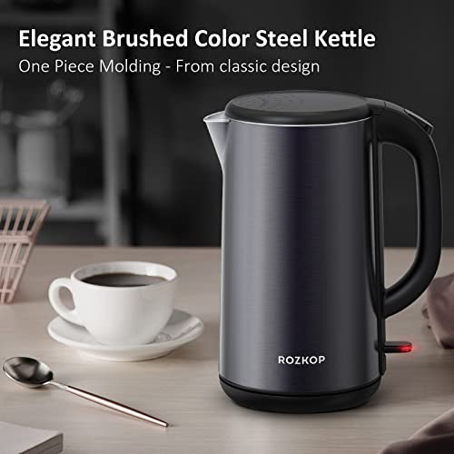 ROZKOP Electric Tea Kettle Double Wall 304 Stainless Steel 1.7L Hot Water Boiler, 1500W Water Kettle with Auto Shut-Off & Boil Dry Protection, BPA-Free, Cordless Base & LED Indicator