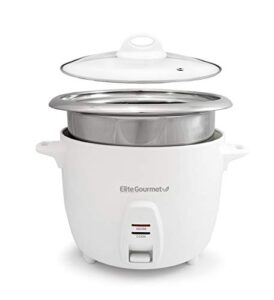 elite gourmet erc-2010 electric rice cooker with stainless steel inner pot makes soups, stews, grains, cereals, keep warm feature, 10 cooked (5 cups uncooked), white