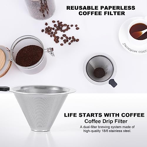 INSINTAR Pour Over Coffee Dripper Reusable Stainless Steel Pour Over Coffee Maker Cone Coffee Dripper Slow Drip Paperless Coffee Filter for 1-2Cup