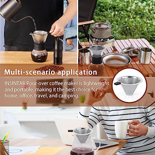 INSINTAR Pour Over Coffee Dripper Reusable Stainless Steel Pour Over Coffee Maker Cone Coffee Dripper Slow Drip Paperless Coffee Filter for 1-2Cup