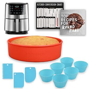 air fryer silicone cake pans for baking, 6.7 inch small airfryer bakeware set with muffin cups, scrapers, magnetic cheat sheet, fits instant vortex, cosori, chefman, dash, bella, bpa free