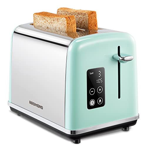 2 Slice Toaster, REDMOND Aqua Green Toaster with LED Touch Screen and Digital Countdown Timer, Stainless Steel Toaster with Extra Wide Slot and Cancel Defrost Reheat Function, 6 Shade Settings